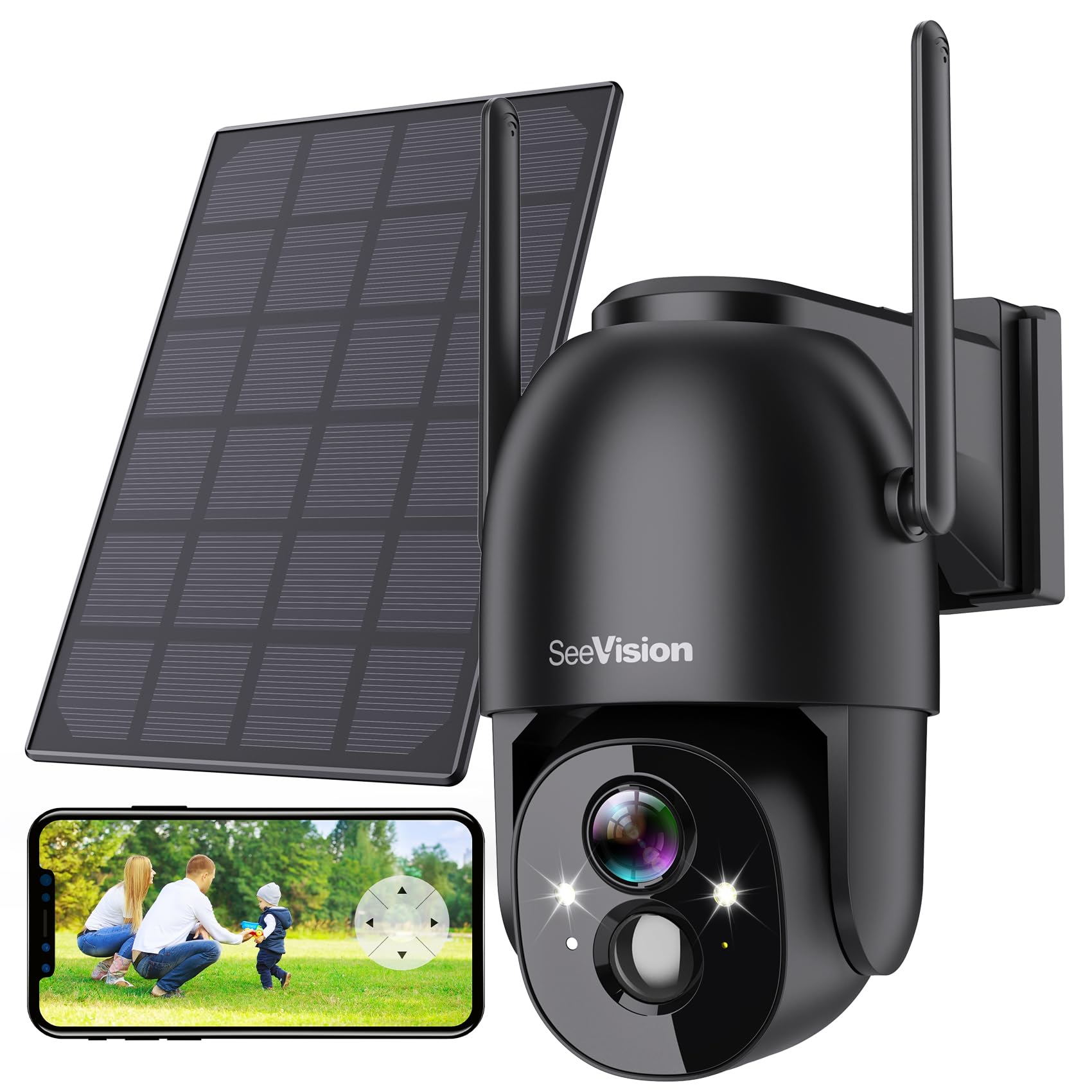 Solar Security Cameras Wireless Outdoor, SeeVision 2K Battery Powered PTZ WiFi 3MP Camera for Home with Spotlight, PIR Motion Detection,Siren, Color Night Vision, 2-Way Talk, SD/Cloud Storage