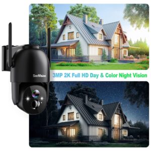 Solar Security Cameras Wireless Outdoor, SeeVision 2K Battery Powered PTZ WiFi 3MP Camera for Home with Spotlight, PIR Motion Detection,Siren, Color Night Vision, 2-Way Talk, SD/Cloud Storage