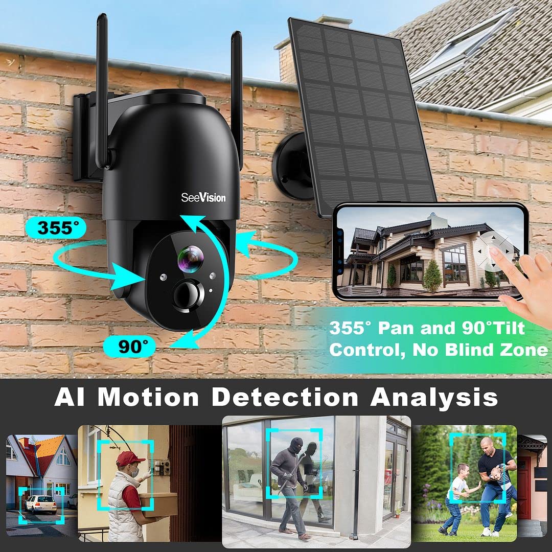 Solar Security Cameras Wireless Outdoor, SeeVision 2K Battery Powered PTZ WiFi 3MP Camera for Home with Spotlight, PIR Motion Detection,Siren, Color Night Vision, 2-Way Talk, SD/Cloud Storage