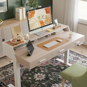 FEZIBO Electric Standing Desk with Drawers, 55x26 Inch Standing Desk Adjustable Height, Stand Up Desk with Monitor Shelf, Sit Stand Home Office Desk, Light Walnut