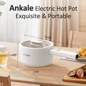 Ankale Hot Pot Electric, 1.5L Electric Ramen Cooker, Portable Non-stick Rapid Noodles Cooker, Multifunctional Mini Pot for Ramen, Shabu Shabu, Oatmeal, Steak, Sauté Pan for Dorm, Travel, Camp, White