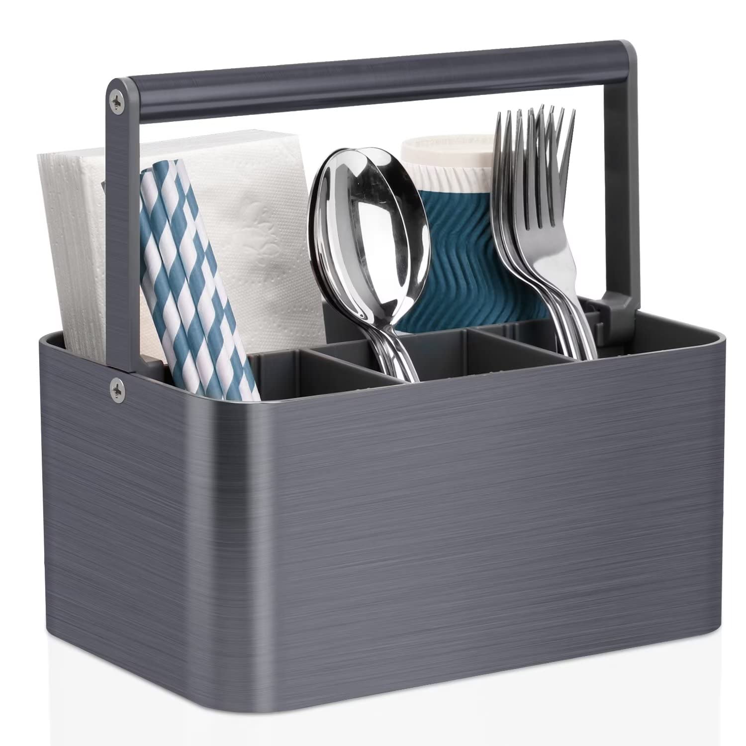 GFWARE Silverware Caddy, Utensil Caddy Organizer with Handle Plastic Silverware Holder for Countertop, Cutlery Holder with 4 Adjustable Compartments Utensil Holder for Party Camping Picnic(Grey)