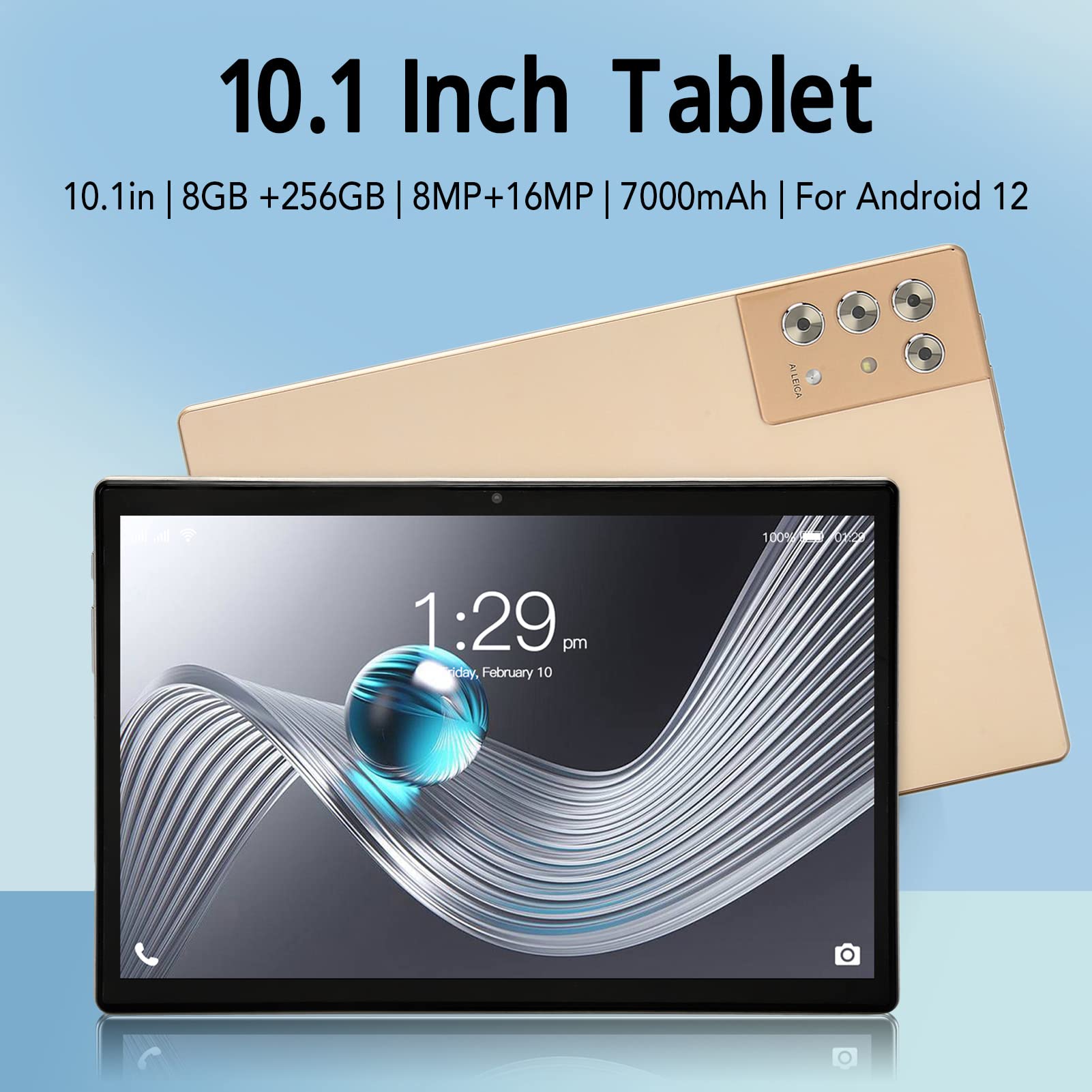 Zunate Android 12 Tablet, 10.1 inch WiFi Tablets 8GB RAM 256GB ROM, Quad Core Processor Tableta Computer with Dual Camera, 7000mAh Battery, 1960x1080 FHD Touchscreen