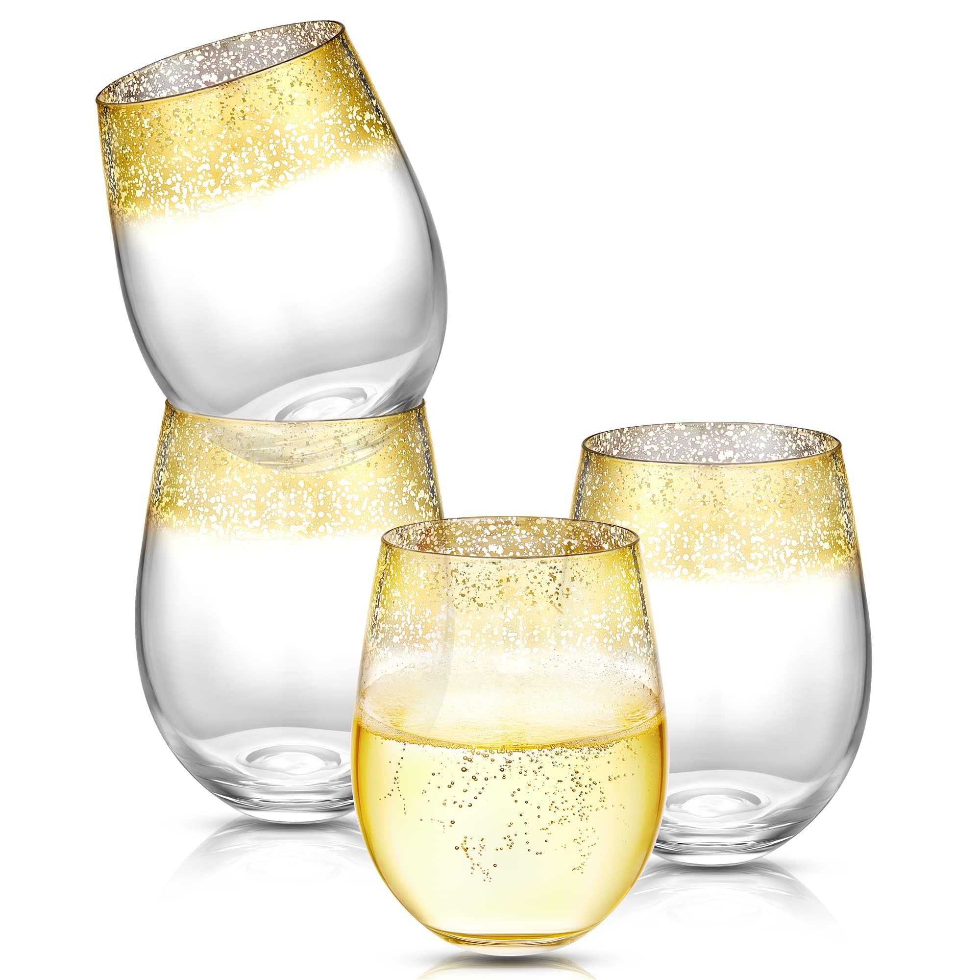 Kitchen Lux 18 oz Gold Rimmed Wine Glass - Unique Stemless Wine Glasses Set of 4 - Accented Rim - Large Gold Drinking Glass Cocktail Tumblers - Deluxe Glassware Gift Box for Christmas, Dishwasher Safe