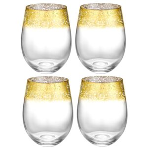 Kitchen Lux 18 oz Gold Rimmed Wine Glass - Unique Stemless Wine Glasses Set of 4 - Accented Rim - Large Gold Drinking Glass Cocktail Tumblers - Deluxe Glassware Gift Box for Christmas, Dishwasher Safe