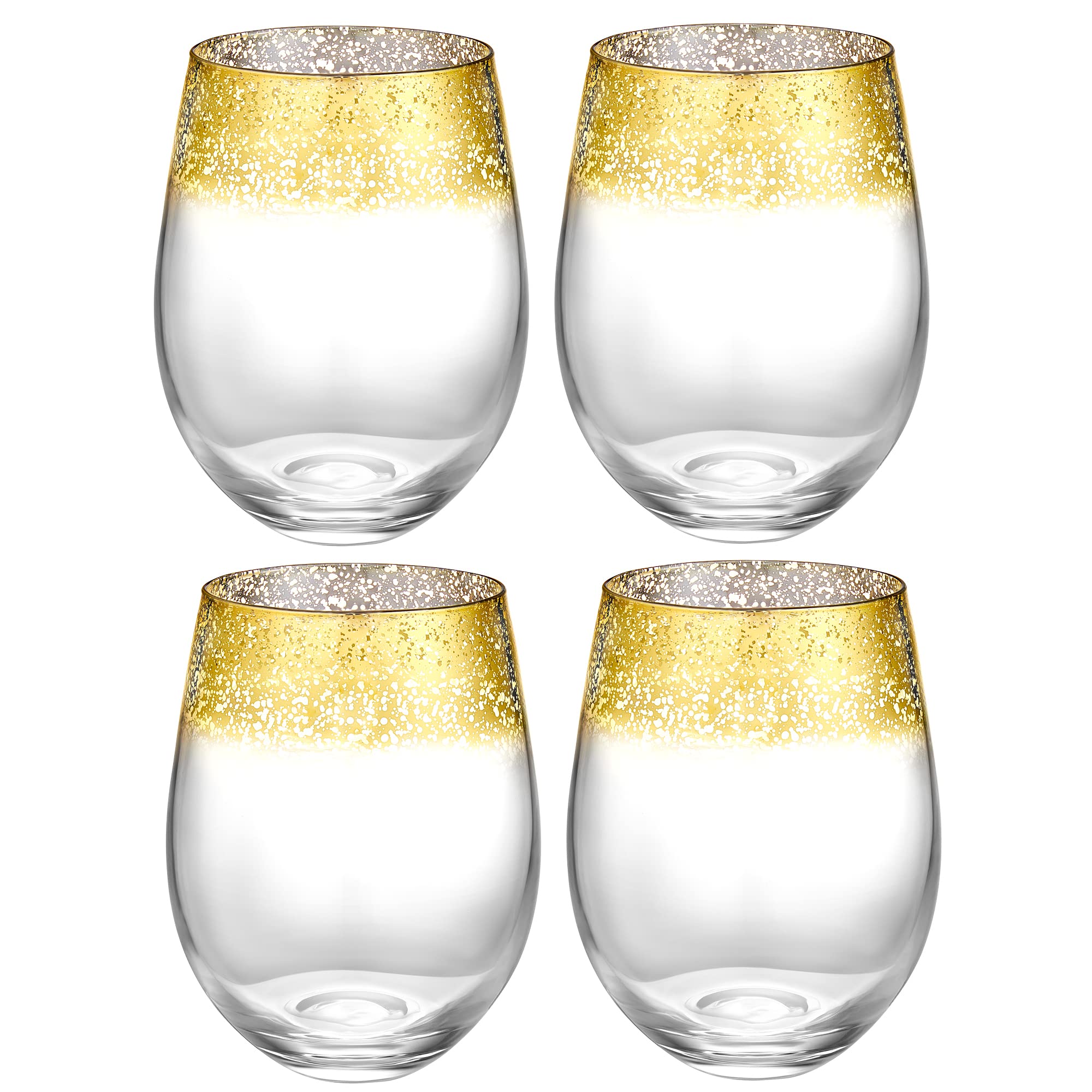 Kitchen Lux 18 oz Gold Rimmed Wine Glass - Unique Stemless Wine Glasses Set of 4 - Accented Rim - Large Gold Drinking Glass Cocktail Tumblers - Deluxe Glassware Gift Box for Christmas, Dishwasher Safe