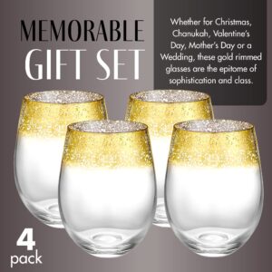 Kitchen Lux 18 oz Gold Rimmed Wine Glass - Unique Stemless Wine Glasses Set of 4 - Accented Rim - Large Gold Drinking Glass Cocktail Tumblers - Deluxe Glassware Gift Box for Christmas, Dishwasher Safe