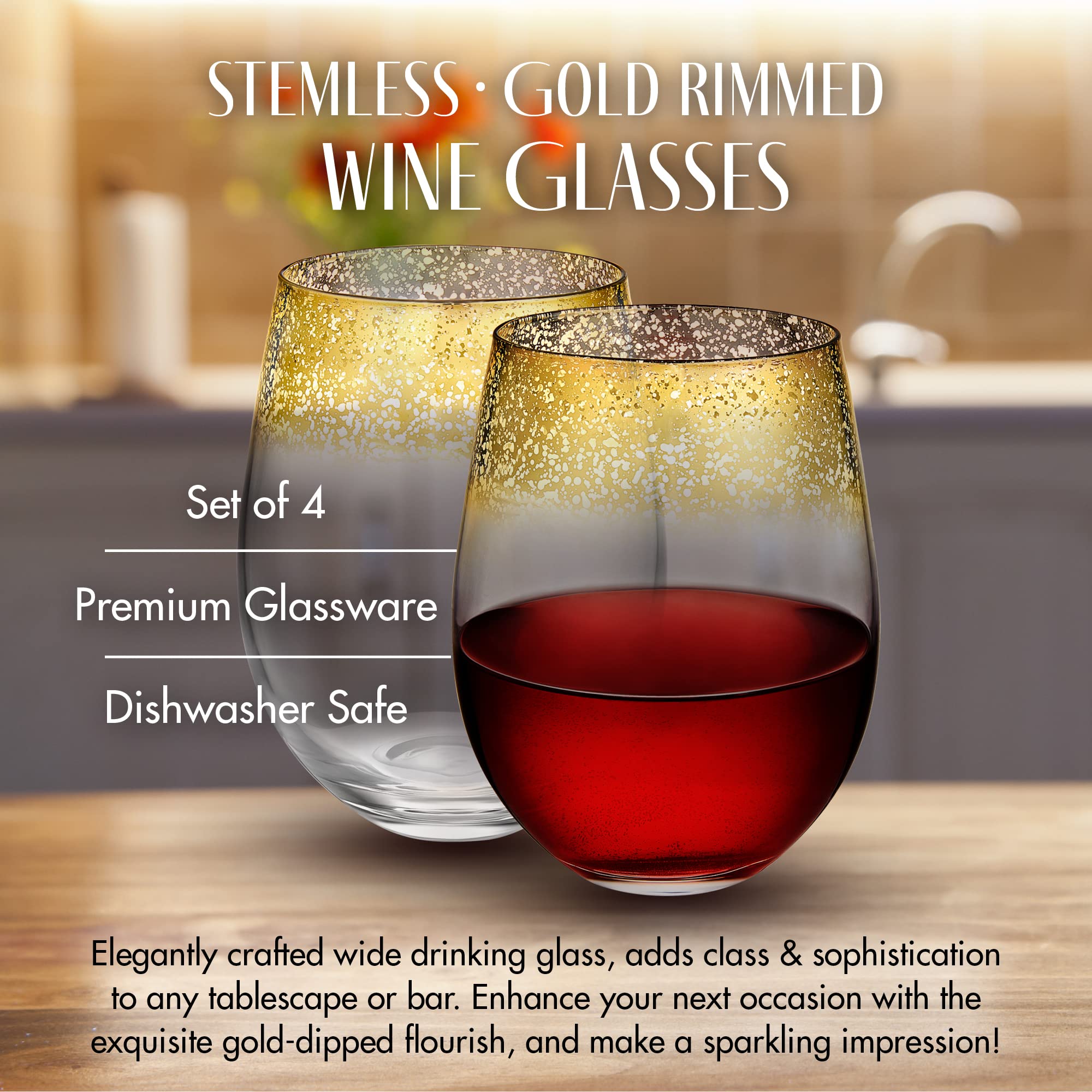 Kitchen Lux 18 oz Gold Rimmed Wine Glass - Unique Stemless Wine Glasses Set of 4 - Accented Rim - Large Gold Drinking Glass Cocktail Tumblers - Deluxe Glassware Gift Box for Christmas, Dishwasher Safe