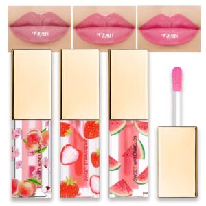 evpct 3pcs peach strawberry watermelon mini clear color change changing ph tinted lip gloss balm set for women girls lip oil gloss tint stain glaze pack bulk labiales magicos brillos para labios