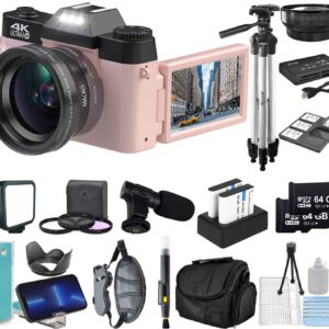 eDealz 4K 48MP Digital Camera Kit for Photography, Vlogging for YouTube w/Flip Screen, WiFi, Wide Angle Lens, Filters, 2X 64GB Micro SD Cards, 50" Tripod, Case, Card Reader, Microphone, LED (Pink)