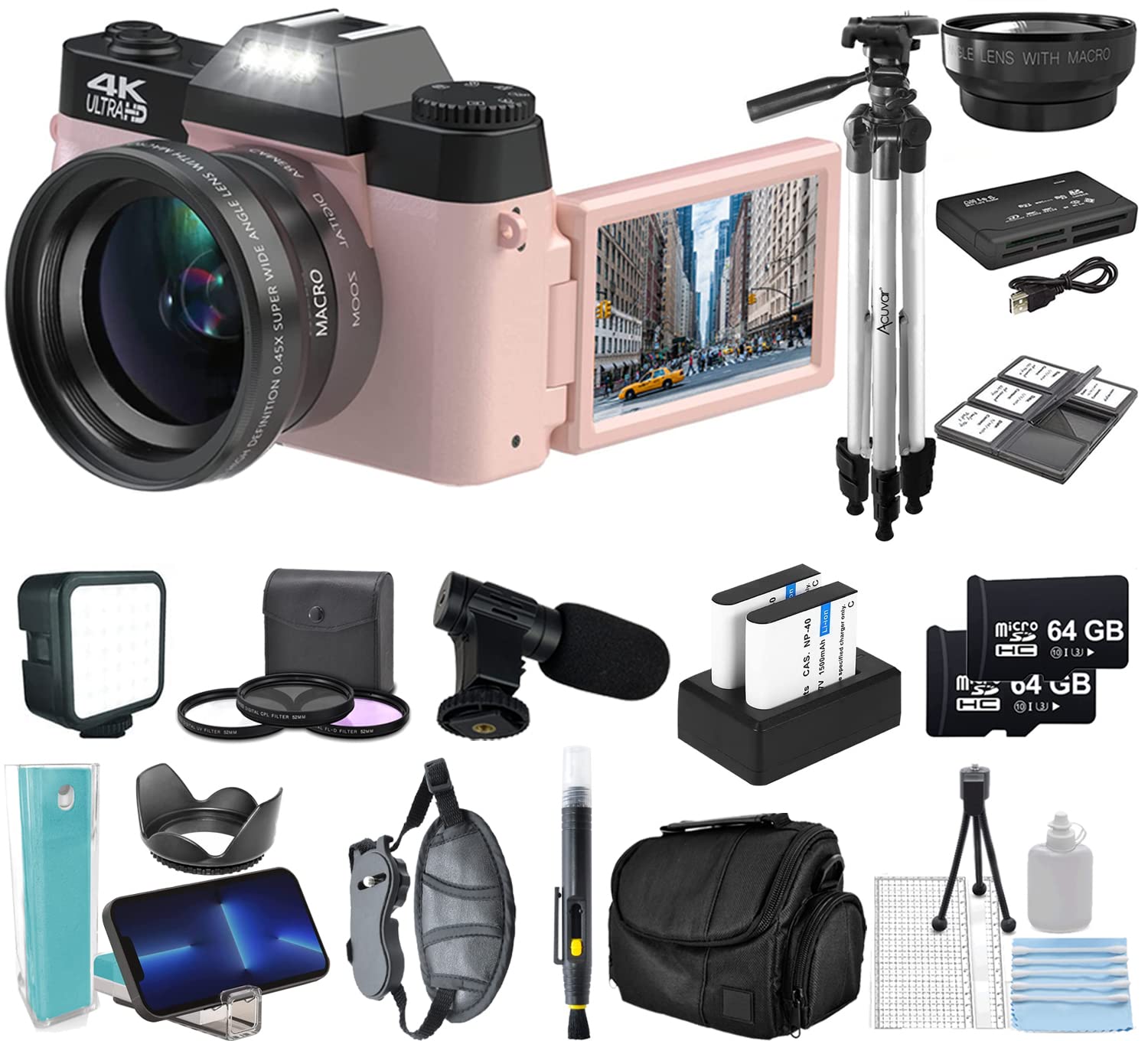 eDealz 4K 48MP Digital Camera Kit for Photography, Vlogging for YouTube w/Flip Screen, WiFi, Wide Angle Lens, Filters, 2X 64GB Micro SD Cards, 50" Tripod, Case, Card Reader, Microphone, LED (Pink)