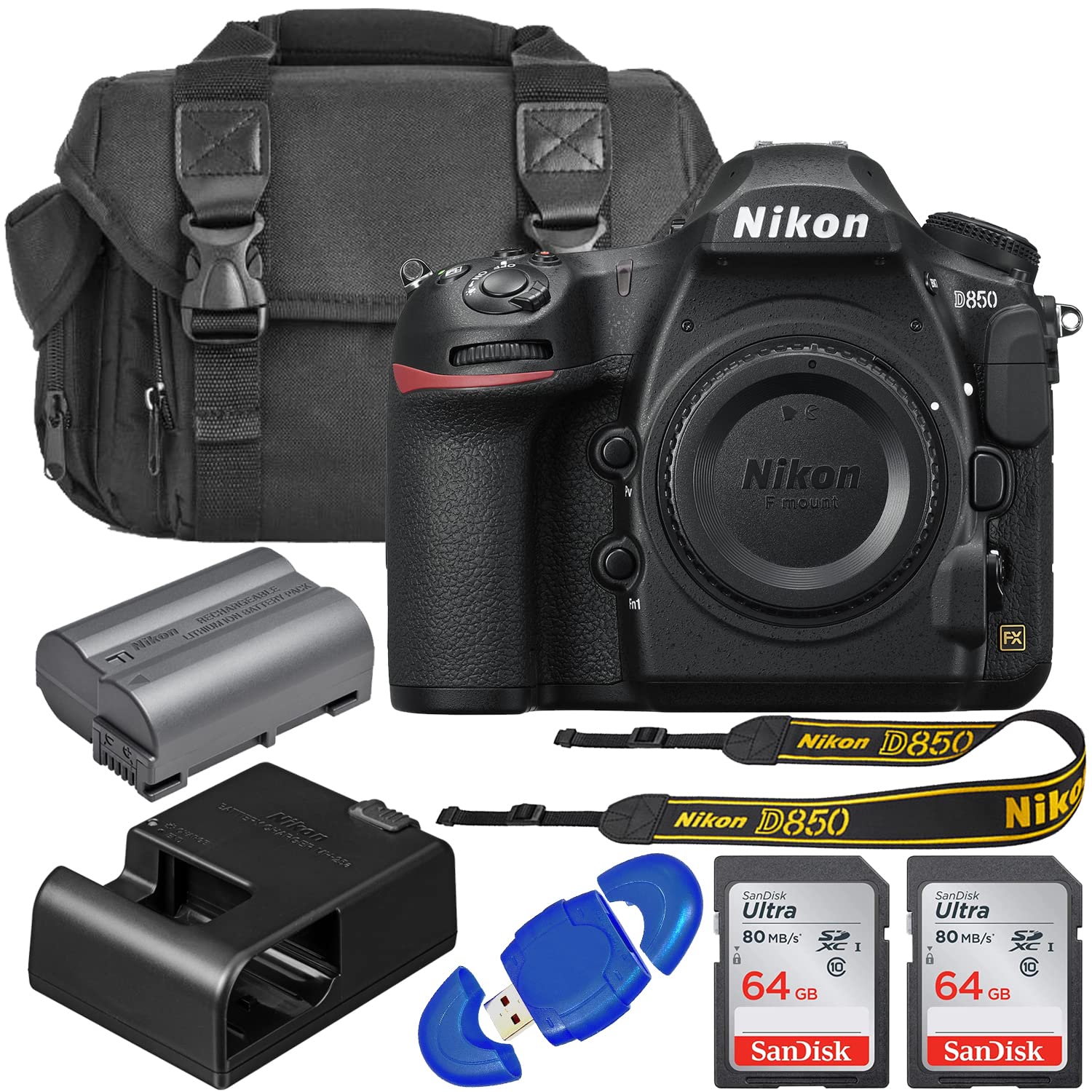 Nikon D850 FX-Format Digital SLR Camera Body with 2X SanDisk 64GB Memory Cards, Deluxe Carrying Bag, Card Reader