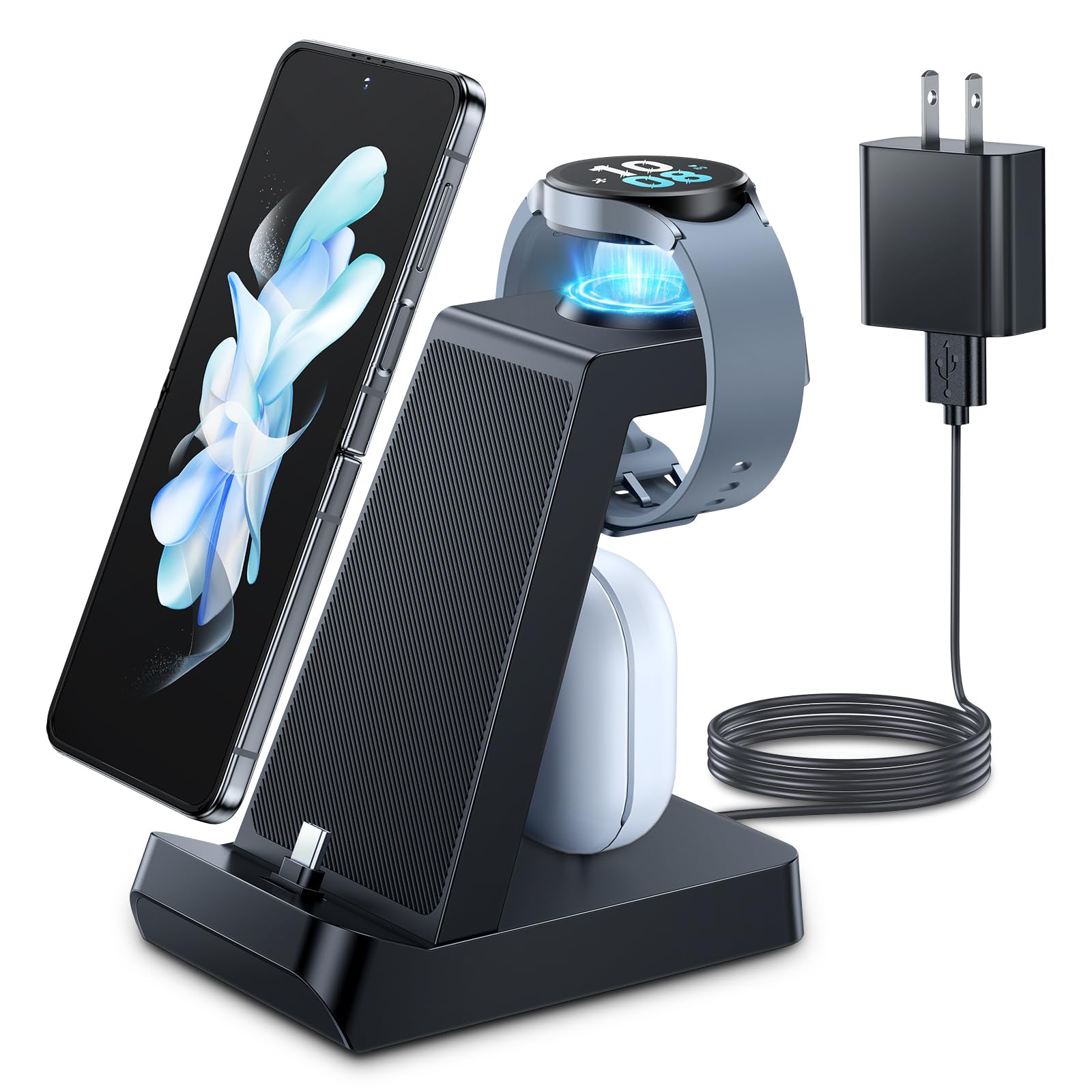 LK Charging Station for Samsung 3 in 1 Charger Station Wireless Charger for Galaxy Watch 5 Pro/4/3/Active 2/1, for Samsung S24 Ultra Plus S23 S22 S21 S20 Z Flip Fold 5 4 3 Galay Buds