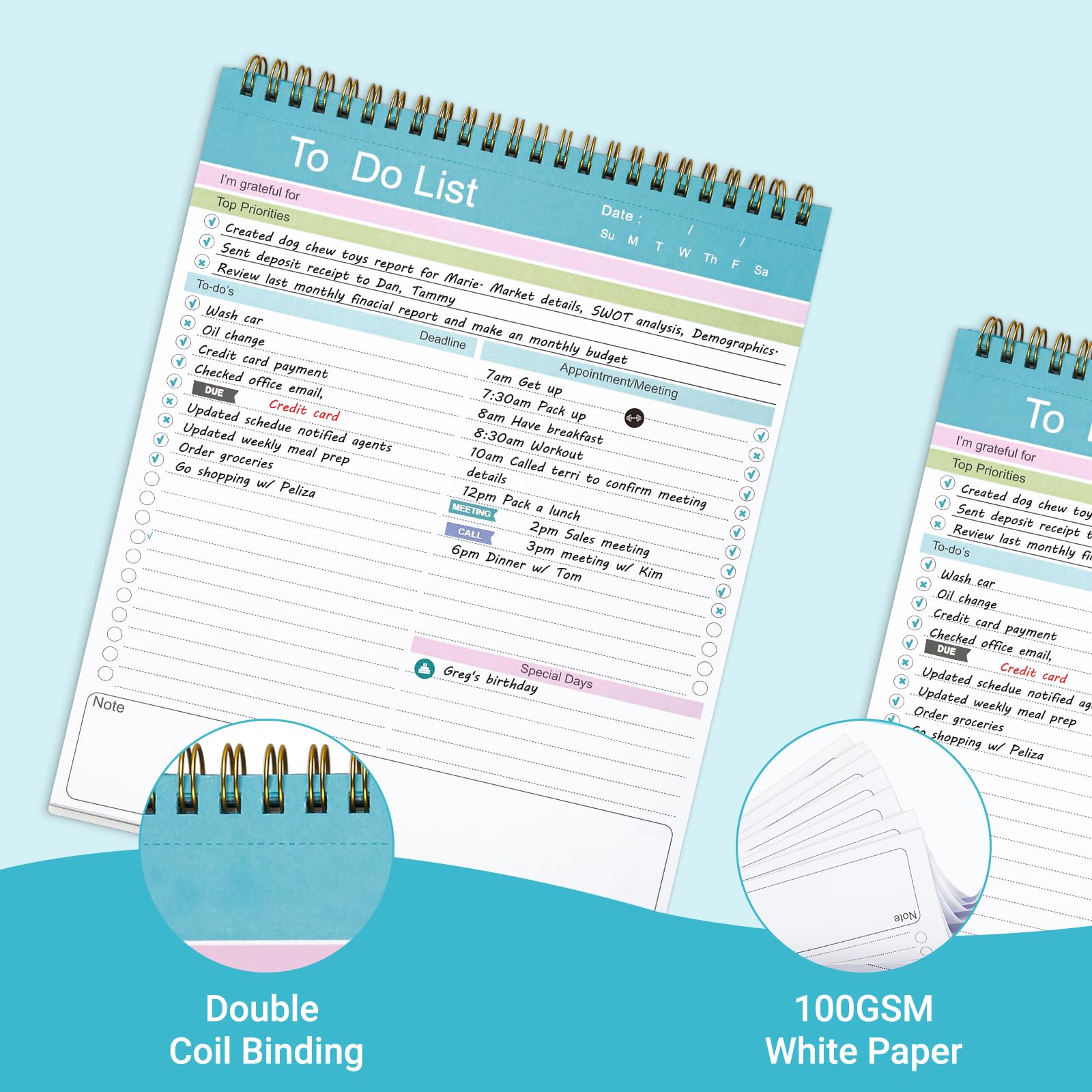 To Do List Notepad, Spiral Bound Undated Daily Planner, 52 Sheets 8.5" X 10.5" Tear Off Task Planning Pad with Checklist, For Work Office Home