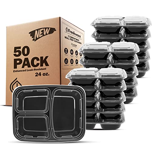 Freshware Meal Prep Containers [50 Pack] 3 Compartment Food Storage Containers with Lids, Bento Box, BPA Free, Stackable, Microwave/Dishwasher/Freezer Safe (24 oz)