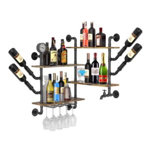 gtouse industrial pipe wine rack wall mounted,liquor bottle display shelf,floating bar shelves,wooden liquor bar shelf with 4 stem glass holder,4 tier floating whiskey shelf for kitchen dining room