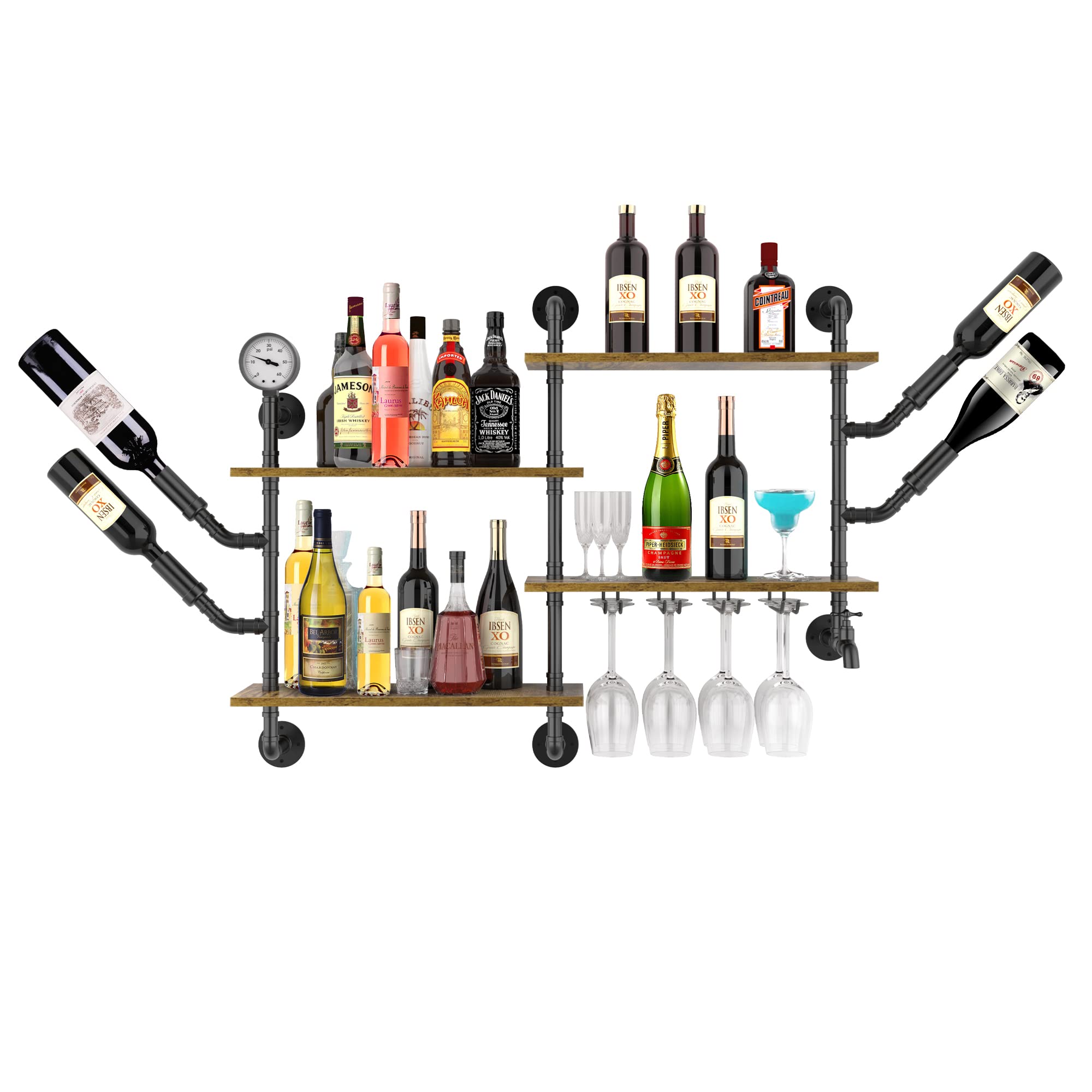 Gtouse Industrial Pipe Wine Rack Wall Mounted,Liquor Bottle Display Shelf,Floating Bar Shelves,Wooden Liquor Bar Shelf with 4 Stem Glass Holder,4 Tier Floating Whiskey Shelf for Kitchen Dining Room