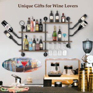 Gtouse Industrial Pipe Wine Rack Wall Mounted,Liquor Bottle Display Shelf,Floating Bar Shelves,Wooden Liquor Bar Shelf with 4 Stem Glass Holder,4 Tier Floating Whiskey Shelf for Kitchen Dining Room