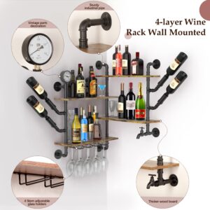 Gtouse Industrial Pipe Wine Rack Wall Mounted,Liquor Bottle Display Shelf,Floating Bar Shelves,Wooden Liquor Bar Shelf with 4 Stem Glass Holder,4 Tier Floating Whiskey Shelf for Kitchen Dining Room