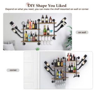 Gtouse Industrial Pipe Wine Rack Wall Mounted,Liquor Bottle Display Shelf,Floating Bar Shelves,Wooden Liquor Bar Shelf with 4 Stem Glass Holder,4 Tier Floating Whiskey Shelf for Kitchen Dining Room