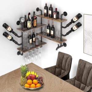 Gtouse Industrial Pipe Wine Rack Wall Mounted,Liquor Bottle Display Shelf,Floating Bar Shelves,Wooden Liquor Bar Shelf with 4 Stem Glass Holder,4 Tier Floating Whiskey Shelf for Kitchen Dining Room