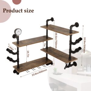 Gtouse Industrial Pipe Wine Rack Wall Mounted,Liquor Bottle Display Shelf,Floating Bar Shelves,Wooden Liquor Bar Shelf with 4 Stem Glass Holder,4 Tier Floating Whiskey Shelf for Kitchen Dining Room