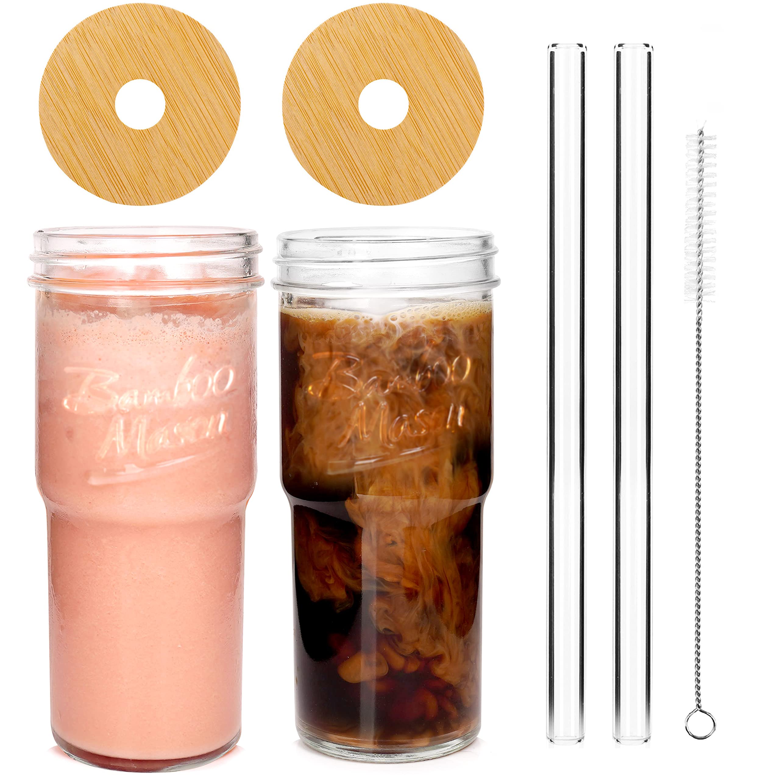 ANOTION Glass Cups with Lids and Straws 2 Packs, 24oz Travel Coffee Mug Wide Mouth Mason Jar Iced Coffee Cup Smoothie Cup Glass Tumbler Tea Cup Clear Cute Water Cups Drinking Jars Glasses