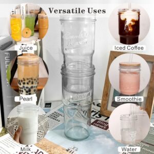 ANOTION Glass Cups with Lids and Straws 2 Packs, 24oz Travel Coffee Mug Wide Mouth Mason Jar Iced Coffee Cup Smoothie Cup Glass Tumbler Tea Cup Clear Cute Water Cups Drinking Jars Glasses