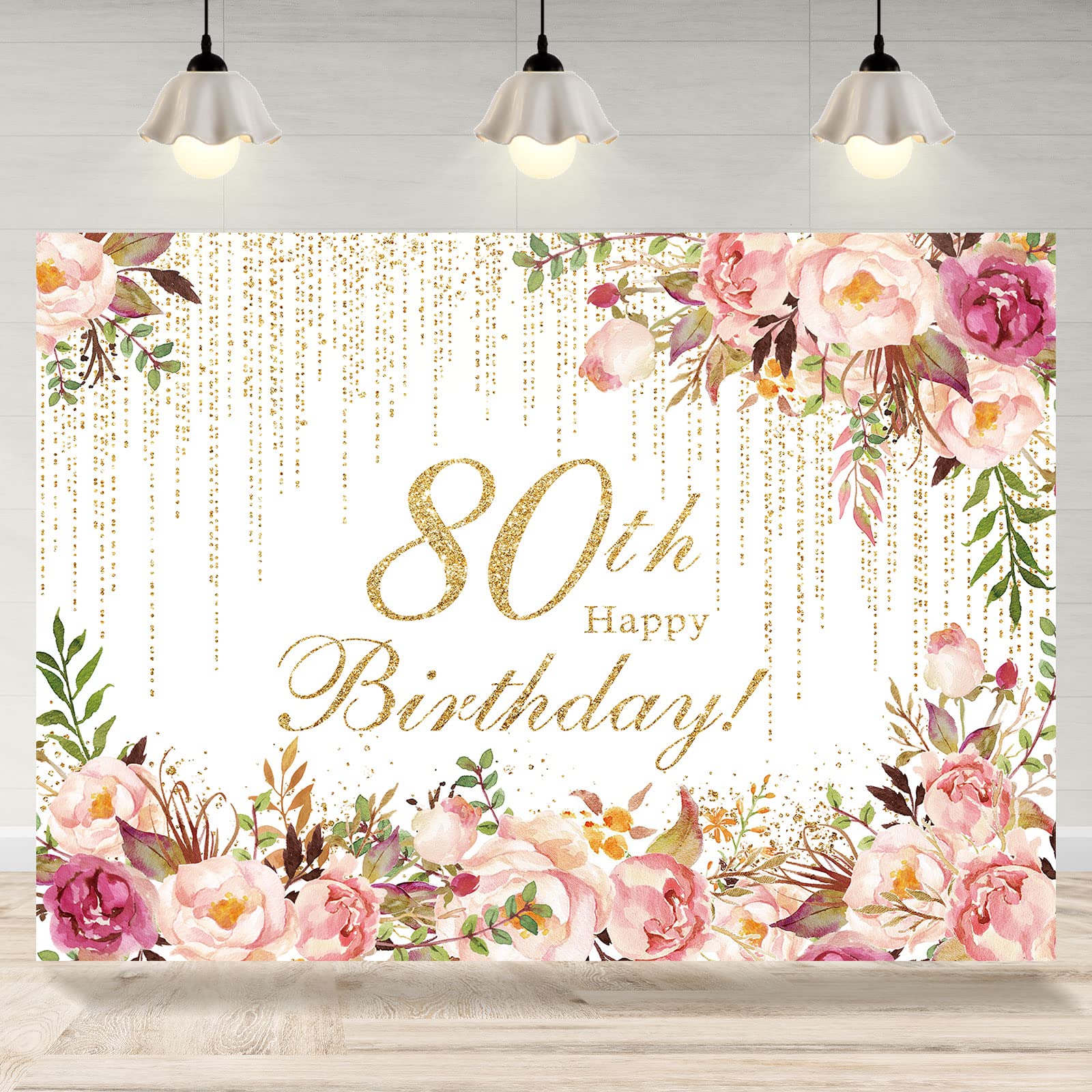 Rsuuinu Happy 80th Birthday Backdrop for Women Flowers Photography Background 80th Birthday Floral Birthday Party Decorations Supplies Favors Cake Table Banner Photo Booth Studio Props 7x5ft