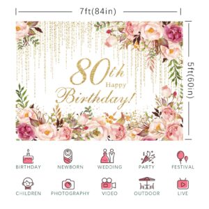 Rsuuinu Happy 80th Birthday Backdrop for Women Flowers Photography Background 80th Birthday Floral Birthday Party Decorations Supplies Favors Cake Table Banner Photo Booth Studio Props 7x5ft