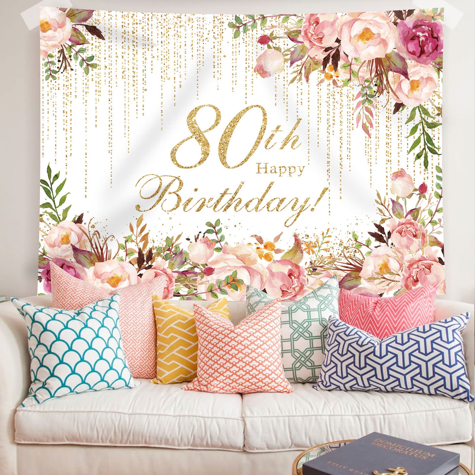 Rsuuinu Happy 80th Birthday Backdrop for Women Flowers Photography Background 80th Birthday Floral Birthday Party Decorations Supplies Favors Cake Table Banner Photo Booth Studio Props 7x5ft