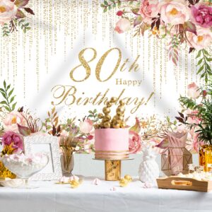 Rsuuinu Happy 80th Birthday Backdrop for Women Flowers Photography Background 80th Birthday Floral Birthday Party Decorations Supplies Favors Cake Table Banner Photo Booth Studio Props 7x5ft