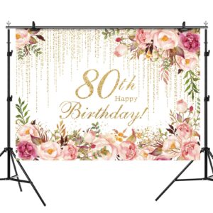 Rsuuinu Happy 80th Birthday Backdrop for Women Flowers Photography Background 80th Birthday Floral Birthday Party Decorations Supplies Favors Cake Table Banner Photo Booth Studio Props 7x5ft