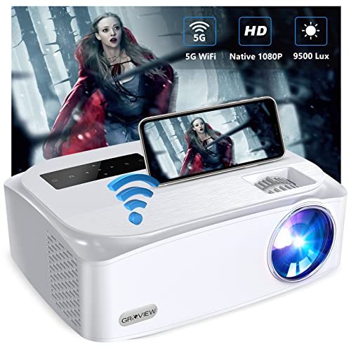 WiFi Projector, GROVIEW Native 1080P Wireless Projector, Support 4K, Supports 5G WiFi, 9500 Lux, 300'' Display Screen, Compatible with iPhone/Android/TV Stick/HDMI/VGA/USB/TV Box/Laptop/DVD/PS4