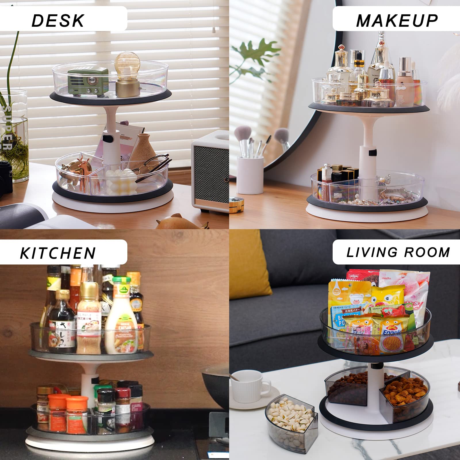 Auzeuner 2 Tier Lazy Susan Organizer,Lazy Susan Turntable for Cabinet,Bathroom,Makeup, Turntable with Adjustable Height,with 1 Large Bin and 3 Dividers Bins, Removable, Clear Spice Rack (White)