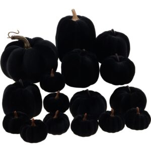 yatinkim 16pcs black halloween faux velvet pumpkins decorative set halloween fake foam pumpkin thanksgiving kitchen decor fall church decoration