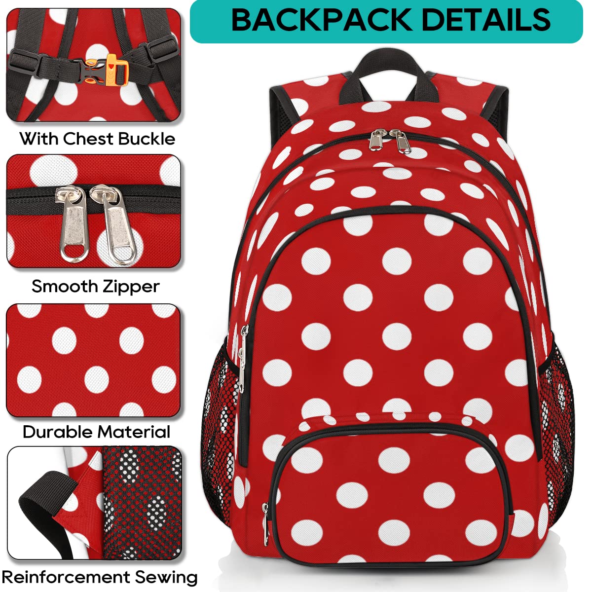 Elementary School Bags for Teens, Red White Polka Dot Kids Backpacks Polka Dot Lightweight Bookbags Waterproof Sturdy Schoolbag Daypack for Girls Boys