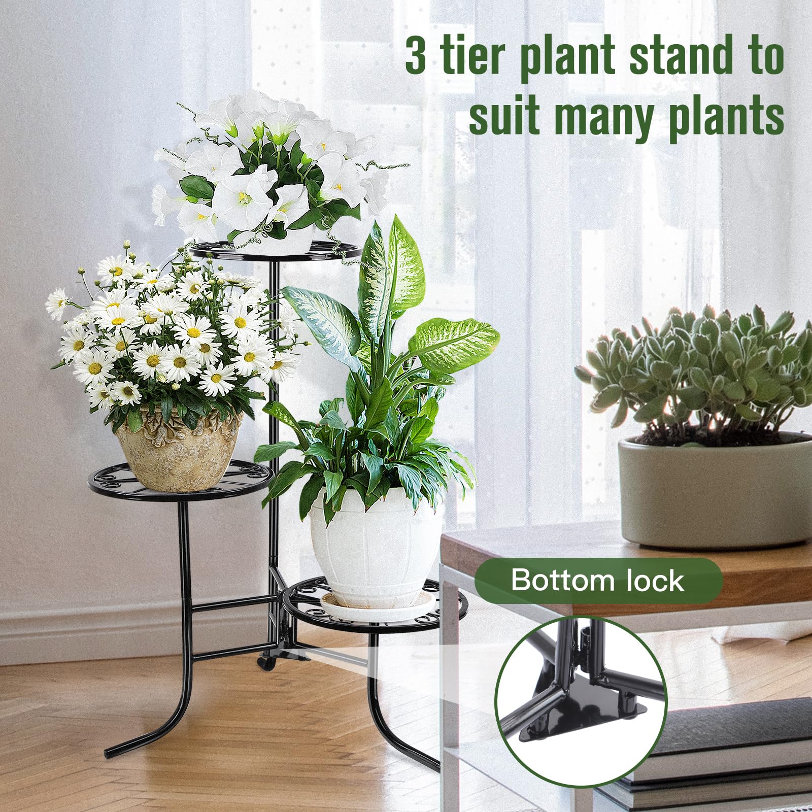 3 Tier Plant Stand, 3 Tier Plant Stands Indoor, Three Tiered Plant Stand Plant Holders for Outside Corner Plant Stand for Patio Garden Living Room Balcony, Black