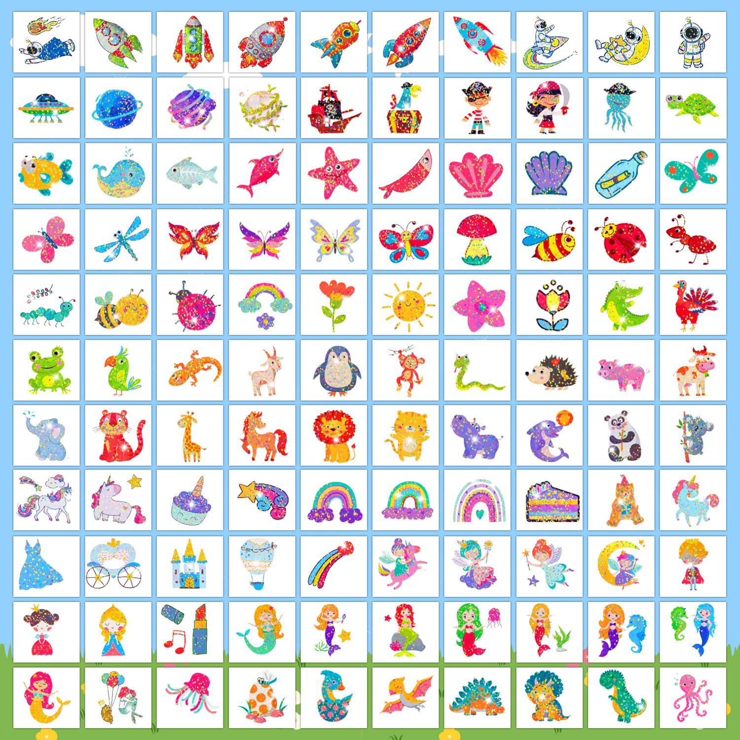 Partywind 408 PCS Temporary Tattoos for Kids, Glow and Glitter Fake Tattoo Stickers for Boys Girls Party Supplies Favors, Cute Goodie Bag Stuffers Gifts for Children (Individually Wrapped Sheet)