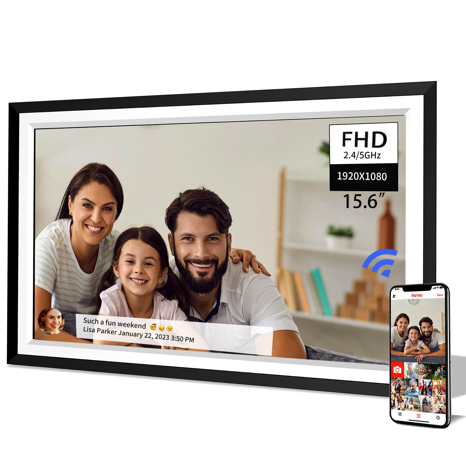 WiFi Digital Picture Photo Frame 15.6” FHD Touch Screen with 32GB Storage, 1920 * 1080 IPS Screen, Slideshow, Auto-Rotate, Easy Setup to Share Photos or Videos via APP, Gift for Family & Friends