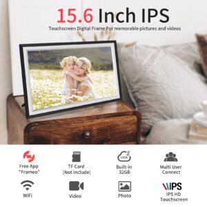 WiFi Digital Picture Photo Frame 15.6” FHD Touch Screen with 32GB Storage, 1920 * 1080 IPS Screen, Slideshow, Auto-Rotate, Easy Setup to Share Photos or Videos via APP, Gift for Family & Friends