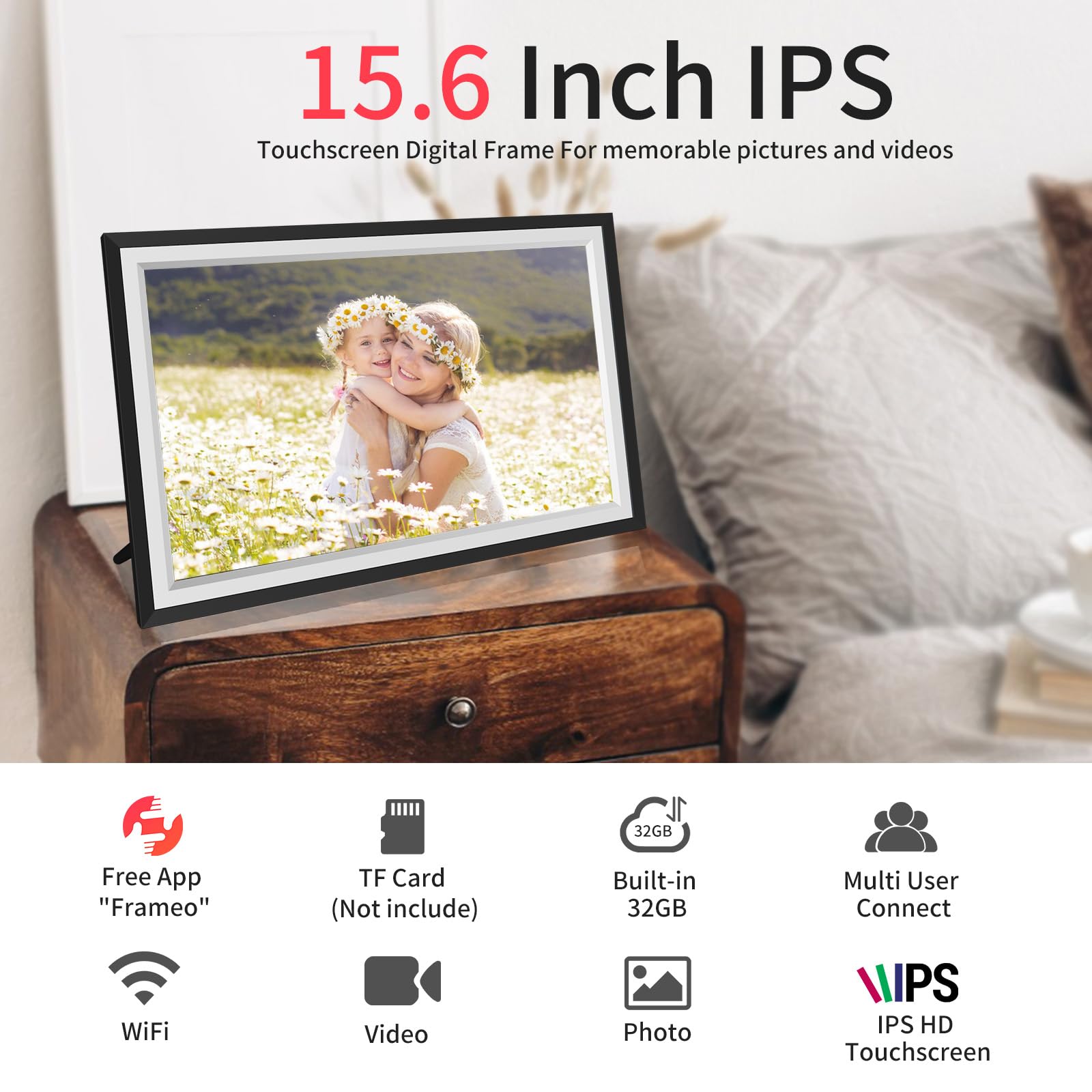 WiFi Digital Picture Photo Frame 15.6” FHD Touch Screen with 32GB Storage, 1920 * 1080 IPS Screen, Slideshow, Auto-Rotate, Easy Setup to Share Photos or Videos via APP, Gift for Family & Friends