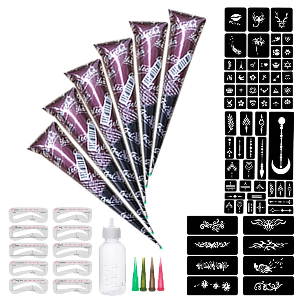 6 Pack Natrual Temporary Tattoos Kit, with 65 Pcs Tattoo Stencils, 1 Bottel 4 Nozzles, 30g per Pack