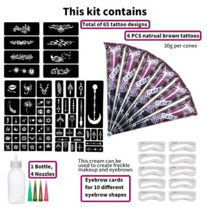 6 Pack Natrual Temporary Tattoos Kit, with 65 Pcs Tattoo Stencils, 1 Bottel 4 Nozzles, 30g per Pack