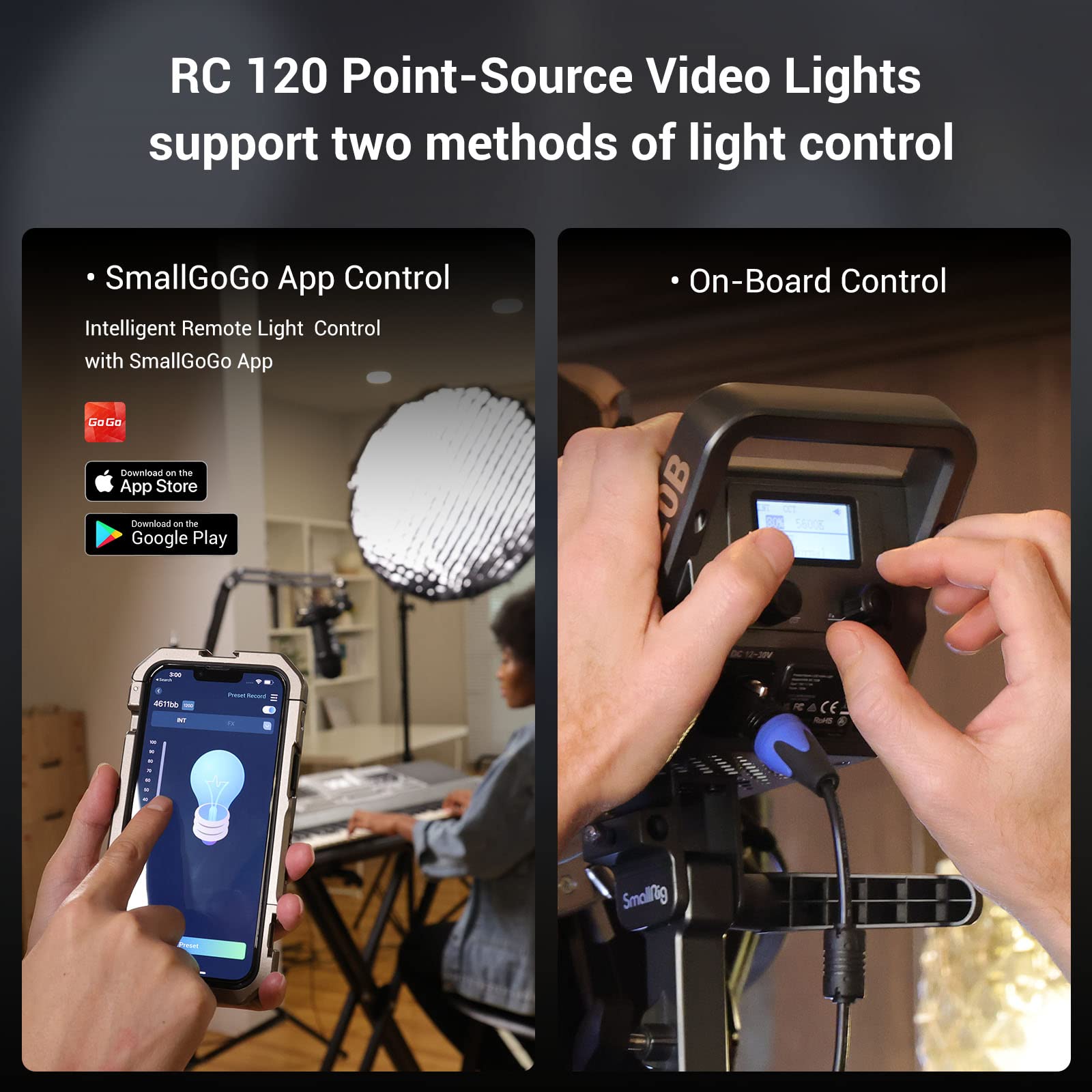 SmallRig RC 120B 120W COB LED Video Light, 2700K-6500K, 4,450Lux@1m and SmallGoGo App Control, TLCI 96+ CRI 95+, 9 Lighting Effects, Support AC Adapter and 14.4V/26V V-Mount Battery- 4207