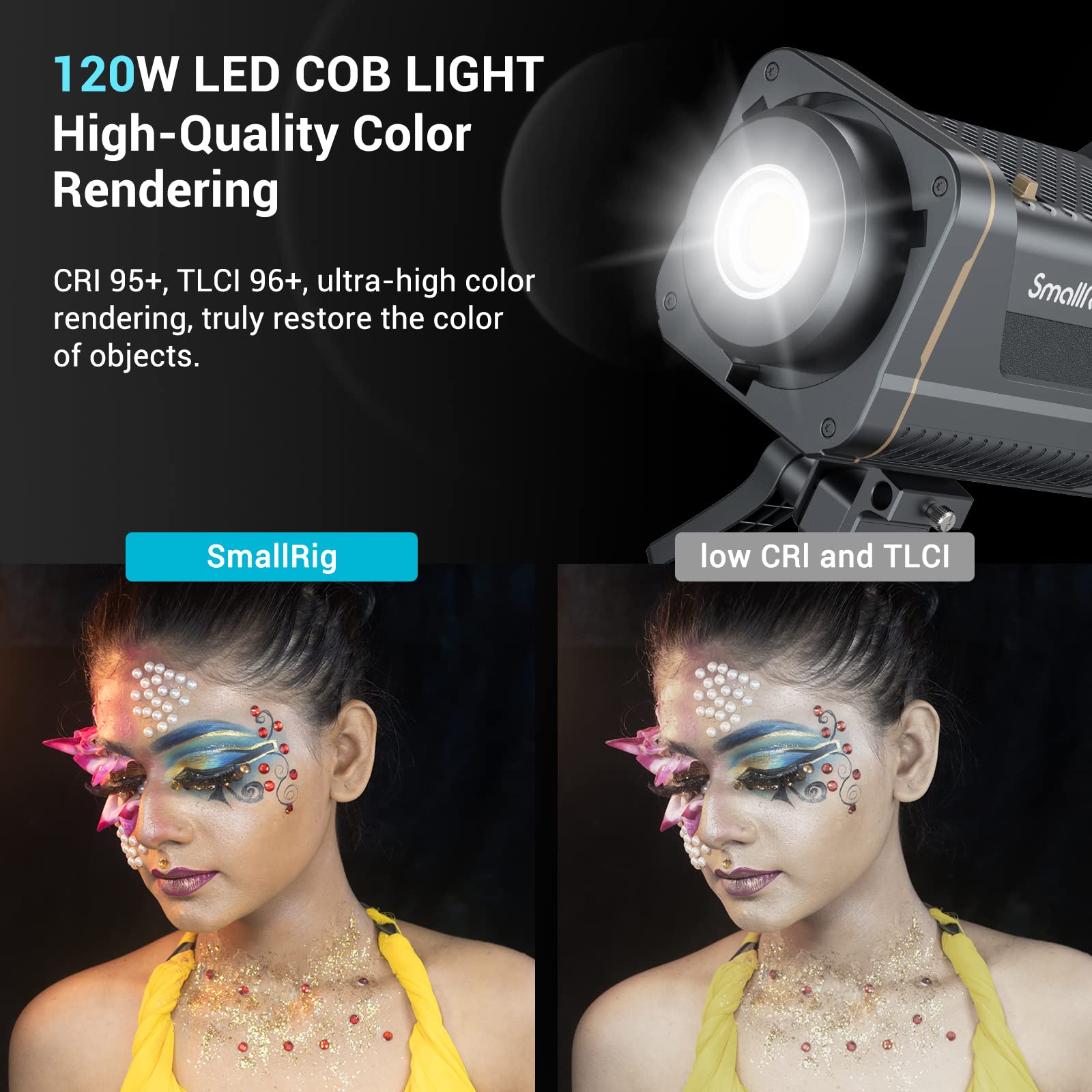 SmallRig RC 120B 120W COB LED Video Light, 2700K-6500K, 4,450Lux@1m and SmallGoGo App Control, TLCI 96+ CRI 95+, 9 Lighting Effects, Support AC Adapter and 14.4V/26V V-Mount Battery- 4207