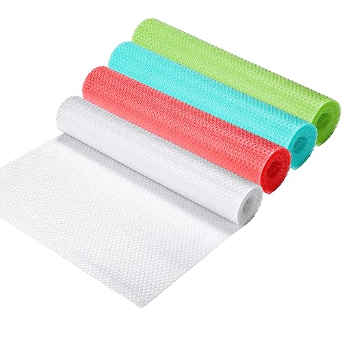 Nuanchu 4 Pcs Refrigerator Liners 4 Color Mixed Fridge Liner 12 x 118 inch Washable Oilproof Refrigerator Mats Waterproof Cover Pads for Freezer Kitchen Cabinet Drawer Cupboard Glass Shelves Table