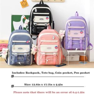 LsdgFriday 4Pcs Cute Backpack Combo Set Kawaii School Aesthetic Backpack School Bag Set with Bear Pendant Pins Accessories for Girls Teen Back to School