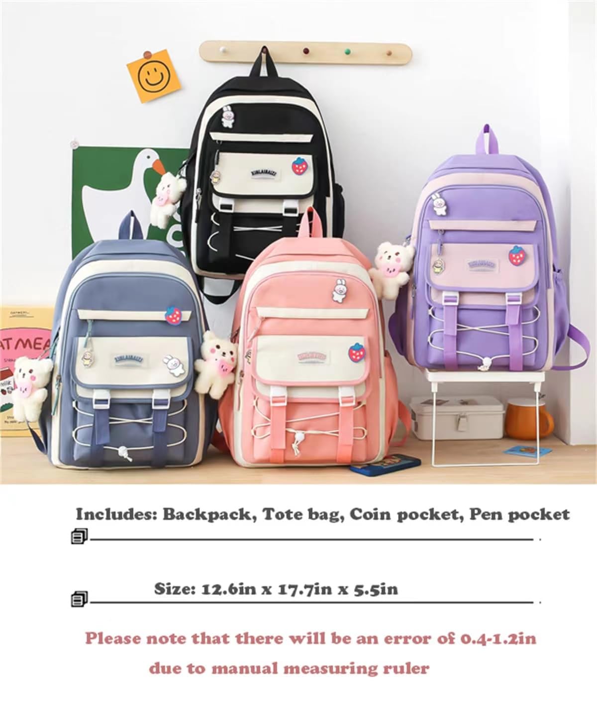 LsdgFriday 4Pcs Cute Backpack Combo Set Kawaii School Aesthetic Backpack School Bag Set with Bear Pendant Pins Accessories for Girls Teen Back to School