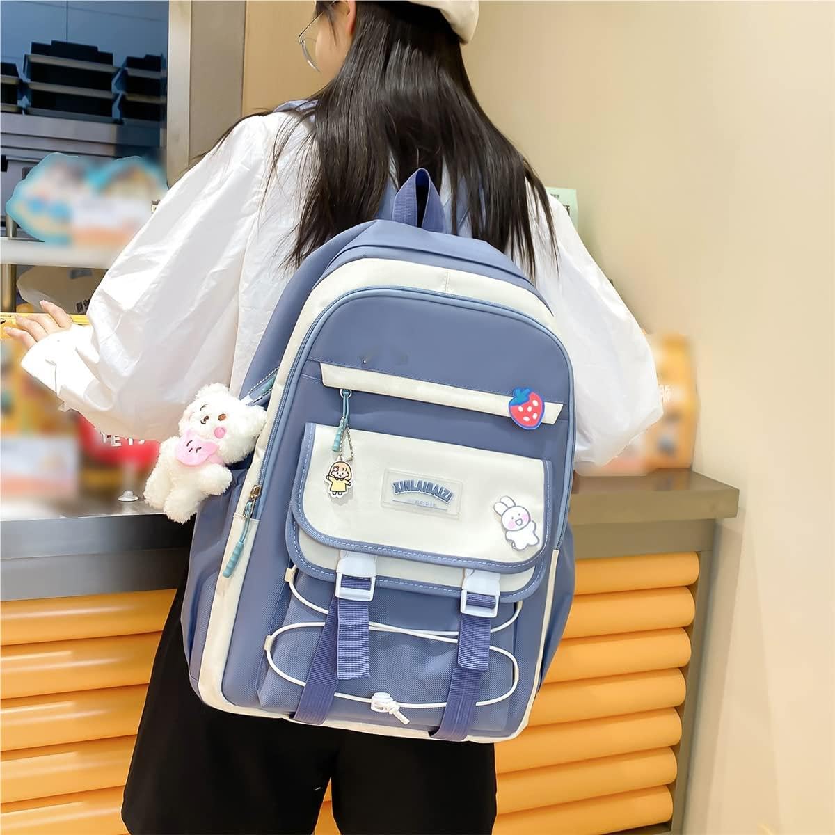 LsdgFriday 4Pcs Cute Backpack Combo Set Kawaii School Aesthetic Backpack School Bag Set with Bear Pendant Pins Accessories for Girls Teen Back to School